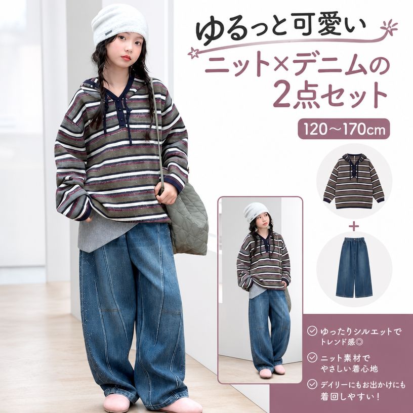ボーダー柄のフード付きニットとラインストーン付きワイドデニムパンツ。 単品・セットアップから選べる、秋冬のお出かけや通学にぴったりのキッズ用ウェアです。 目を惹くボーダー柄ニットとサイドラインストーン付きデニムがおしゃれな秋冬キッズウェア。...