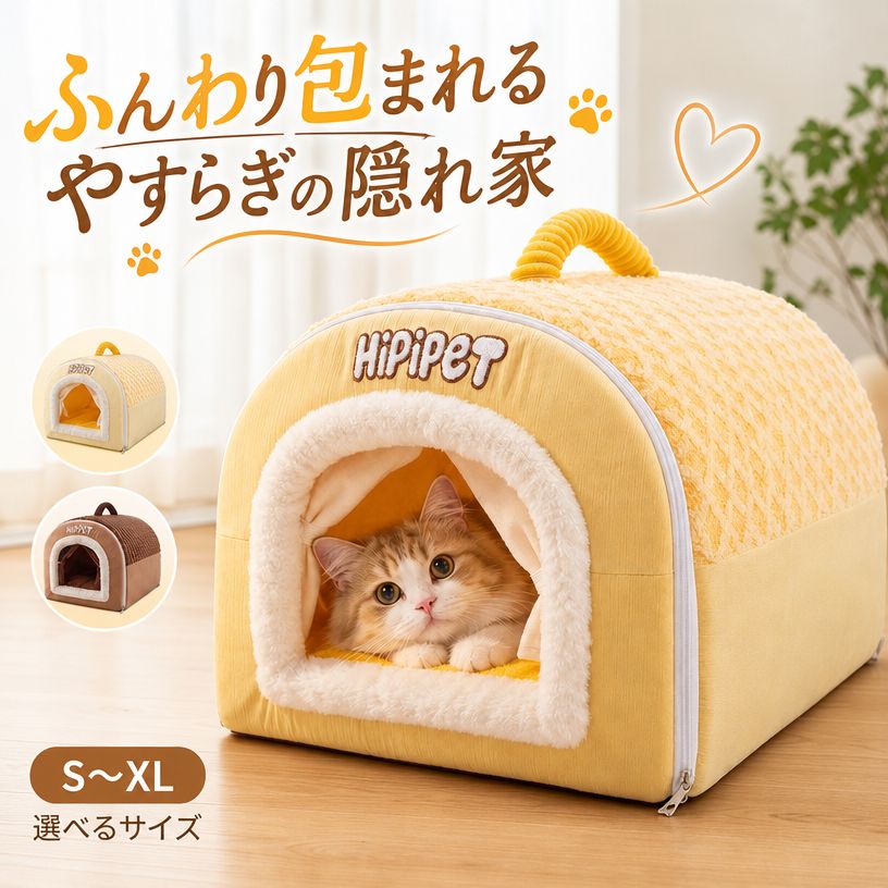 犬や猫がくつろげる、カーテン付きの半密閉型ペットハウスです。 イエローとベージュブラウンの2色、S・M・L・XL・2XL・3XLの6サイズから選べます。 目安体重はSが2.5kgまで、Mが4kgまで、Lが7.5kgまで、XLが12.5kgま...
