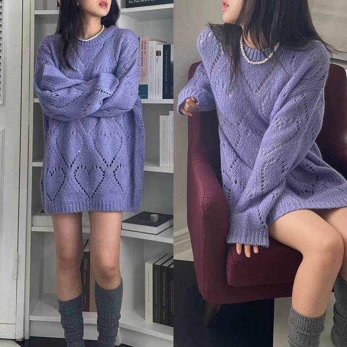 ハートモチーフの編み模様が素敵なニット。ルーズなシルエットと長めの丈感が使いやすい♪ポップな3つのカラーからお選びいただけます！【カラー】パープルブルー、ピンク、イエロー【サイズ】着丈：68cmバスト：124cm肩幅：60cm袖丈：55cm...