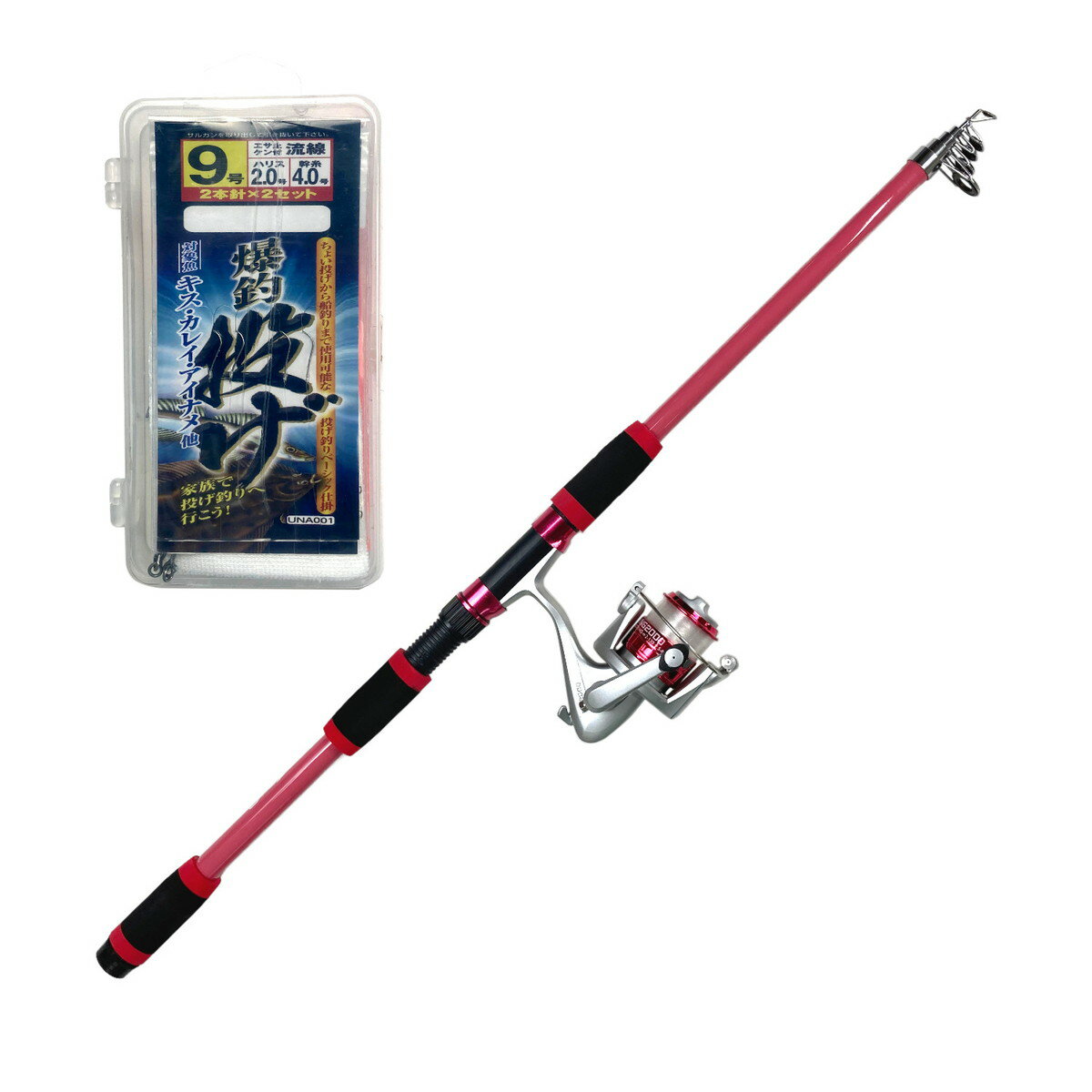 シロギス、カレイ、アイナ、ベラ、ハゼなど堤防や砂浜からの投げ釣り初心者のための完全入門セット。投げ仕掛、オモリ、ハサミ、タオル等小物もセット。●全長(m)：2.7●仕舞寸法(cm)：76●継数(本)：5●自重(g)：374●鉛負荷：5〜15号