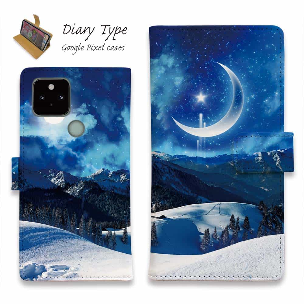 商品情報商品説明 雪山に浮かぶ大きな三日月が印象的なデザイン。裏面には満月が輝き、神秘的な雰囲気に目を惹かれます。素　材高級人工革(外側)にUV印刷を施し、内側ではクリアケースでスマートフォンをしっかりと保護します。ケースの機能【カードスロ...