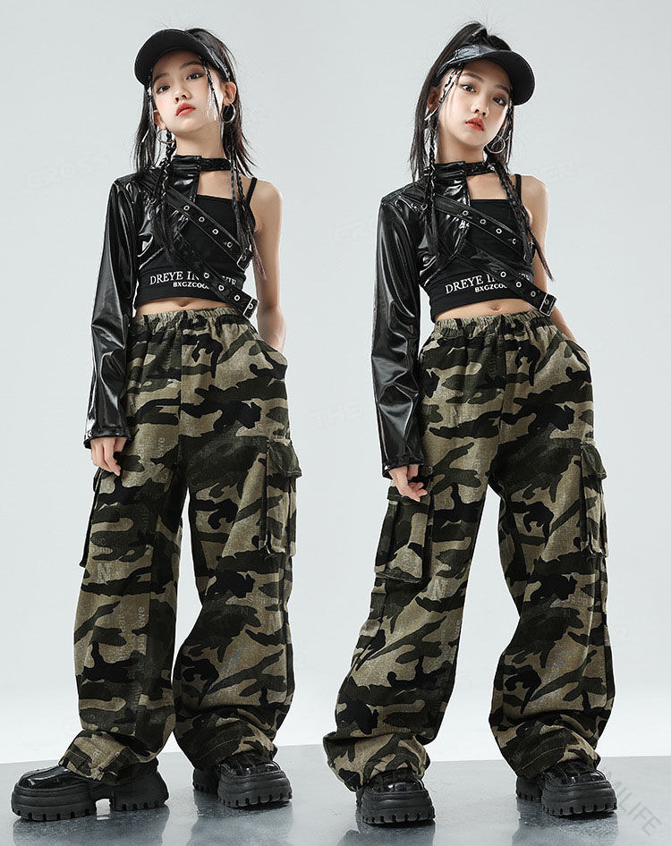 原産国／製造国: 中国 .迷彩パンツやワンショルダー、レザー素材、長袖 ス、へそ出し、片腕・片袖キャミソールを含むキッズダンス衣装セットアップ。K-POP衣装、韓国アイドル風、チアガール衣装、女の子向け演出服、原宿系ファッション、発表会用、...