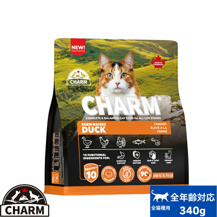 商品情報名称キャットフード内容量340g原材料新鮮鴨肉 (20%), 鶏ミール (9%), 鴨ミール (7%), 七面鳥ミール (7%), ニシンミール (7%), 丸ごとグリーンピース, 丸ごとイエローピース, 鶏脂肪 (ミックストコフェ...