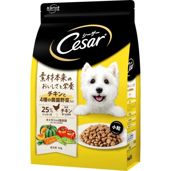 マースジャパン シーザードライ 成犬用 チキンと4種の農園野菜入り 小粒 3kg ※個数制限がございます、ご了承下さい。 素材本来の美味しさや栄養に着目し、チキンやラムを原材料の中で一番多く使用し、 4種の農園野菜とブレンドすることで、人の...