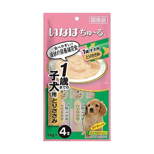 いなばペットフード ちゅ〜る 1歳までの子犬用 とりささみ 14g×4本 液状おやつです。舐めて食べられるペースト状なので、 そのままでもドライフードトッピングでも、色々お使いください。 ---原産国--- 日本 ---原材料--- 鶏肉（...