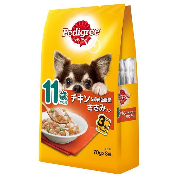 マースジャパン ペディグリーパウチ 11歳から チキン 緑黄色野菜＆ささみ入り 70g×3袋 11歳頃からの愛犬に必要な栄養がバランス良く取れる総合栄養食です。 愛犬の大好きなチキンに、ビタミン豊富な緑黄色野菜とささみを加えました。 ---...