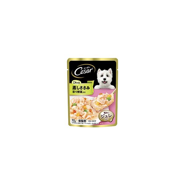 マースジャパン シーザーパウチ ごろっと蒸しささみ 彩り野菜入り 70g 低脂肪なささみをふっくら蒸して低カロリー*に仕上げました。 (*シーザーパウチ成犬 ビーフ＆彩り野菜入り比36%減) 丁寧な調理で素材のおいしさをそのまま閉じ込めまし...
