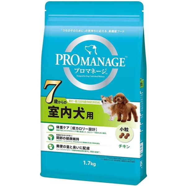 マースジャパン プロマネージ 7歳からの室内犬用 1．7kg 7歳からの室内犬用の総合栄養食です。 運動不足になりがちなシニア期に配慮して、カロリー（※1）を控えめに設計しました。 （※1プロマネージ室内犬用成犬用比25kcal／100gカ...
