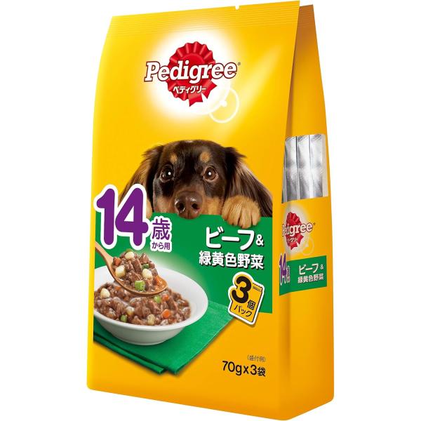 マースジャパン ペディグリー 14歳から用 ビーフ 緑黄色野菜入り 70g×3袋 14歳頃からの愛犬に必要な栄養がバランス良くとれる総合栄養食です。 愛犬の大好きなビーフに、ビタミン豊富な緑黄色野菜を加えました。 ドライフードと混ぜやすいと...