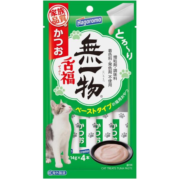 はごろもフーズ 無一物 舌福 かつお ペーストタイプ 14g×4本 余計なものを加えず素材の旨みを生かした無一物シリーズのペーストタイプ猫用おやつです。 塩分が低いかつお原料を使用し、水と米粉だけで仕上げています。 増粘剤・調味料・着色料・...