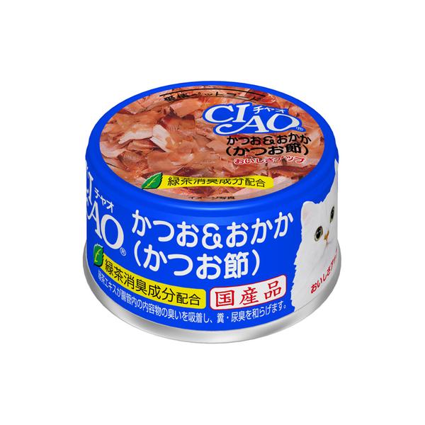 いなばペットフード CIAO缶 かつお＆おかか（かつお節） 85g 「かつお白身」をベースに猫ちゃんの好むおかか（かつお節）をトッピング。 ---原産国--- 日本 ---原材料--- かつお、かつお節、糖類（オリゴ糖等）、植物性油脂、ミネ...