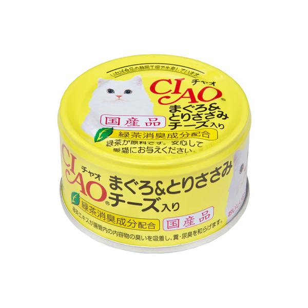 いなばペットフード CIAO缶 まぐろ＆とりささみ チーズ入り 85g まぐろの血合肉ととりささみをベースに、 嗜好性が良く人気の高いチーズをトッピング。 ---原産国--- 日本 ---原材料--- まぐろ、鶏肉（ささみ）、チーズ、まぐろ...