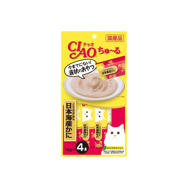 いなばペットフード チャオちゅ〜る とりささみ＆日本海産かに 14g×4本入 今までにない液状のおやつです。 ちゅ〜っと出して、なめるだけで簡単に栄養補給。 食べきりやすい14g×4本。緑茶消臭成分配合。 ---原産国--- 日本 ---原...