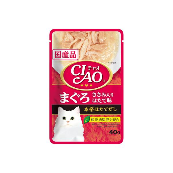 いなばペットフード CIAOパウチ まぐろ ささみ入り ほたて味 40g ささみのペーストにまぐろとささみのフレークを加え、 おいしいほたてだしで仕上げました。 ---原産国--- 日本 ---原材料--- 鶏肉（ささみ）、まぐろ、ほたてエ...