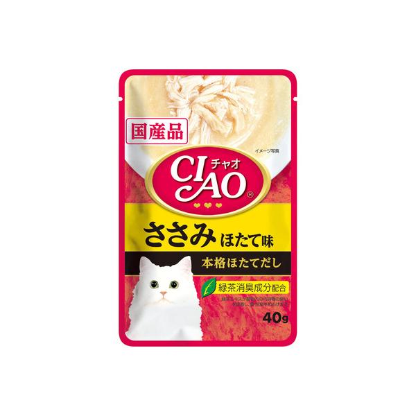 いなばペットフード CIAOパウチ ささみ ほたて味 40g ささみのペーストにささみのフレークを加え、 おいしいほたてだしで仕上げました。 ---原産国--- 日本 ---原材料--- 鶏肉（ささみ）、ほたてエキス、糖類（オリゴ糖等）、植...