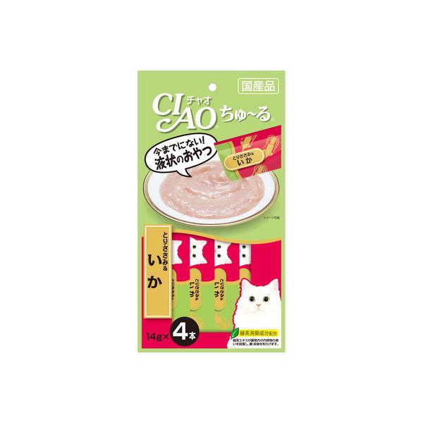 いなばペットフード CIAO ちゅ〜る とりささみ＆いか 14g×4本 今までにない液状のおやつです。 猫ちゃんがペロペロなめて楽しめます。 とりささみといかをペーストにしました。 ---原産国--- 日本 ---原材料--- 鶏肉（ささみ...