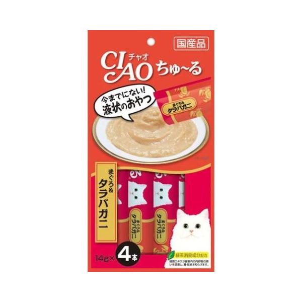 いなばペットフード チャオちゅ〜る まぐろ＆タラバガニ 14g×4本入 まぐろをペーストにした今までにない液状のおやつです。 ちゅ〜っと出して、猫ちゃんがペロペロなめて楽しめます。 猫ちゃんと一緒におやつタイムを楽しめます。 ---原産国-...