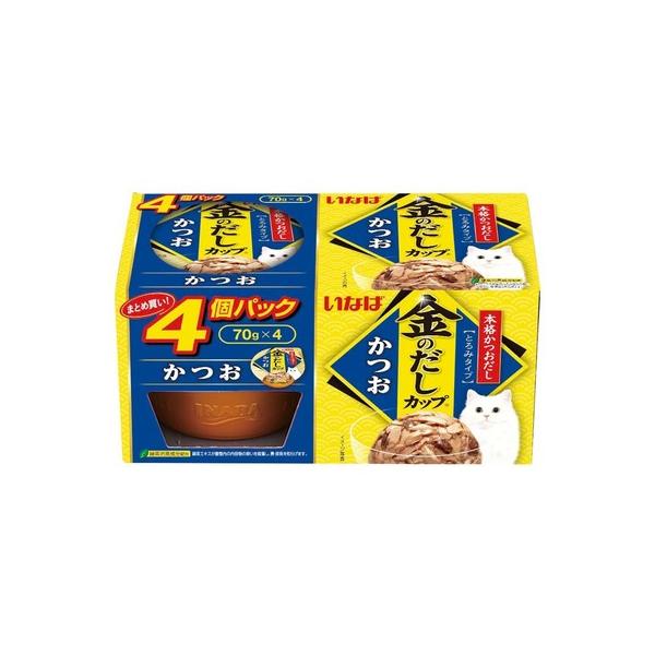 いなばペットフード 金のだしカップ かつお 70g×4個パック 本格かつおだしを加えた、風味豊かなとろみタイプ。 ビタミンE、タウリン配合で健康に配慮。かつおを丸ごとフレーク。 ---原産国--- タイ ---原材料--- かつお、かつお節...
