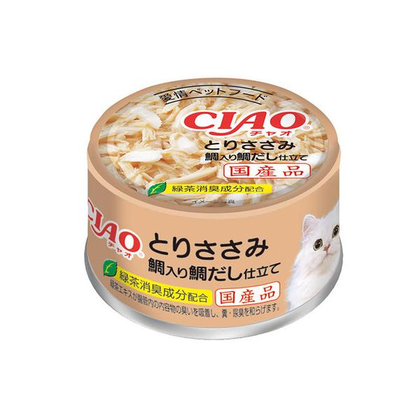 いなばペットフード CIAO缶 とりささみ 鯛入り 鯛だし仕立て 85g 見た目も美しい白いお肉の「とりささみ」をベースに 猫ちゃんの好む鯛をトッピング。 おいしい鯛だしで仕上げました。 ---原産国--- 日本 ---原材料--- 鶏肉（...