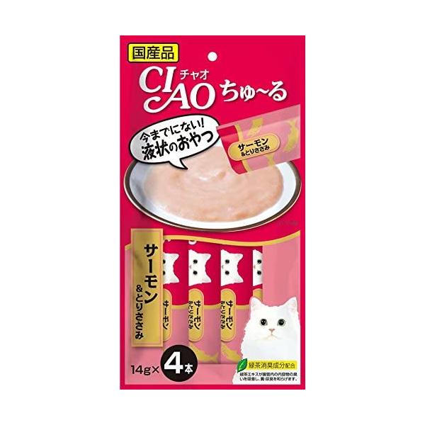 いなばペットフード CIAO ちゅ〜る サーモン＆とりささみ 14g×4本 今までにない！液状のおやつ。 舐めて食べられるので、子猫や高齢猫ちゃんも食べやすいおやつです。 ---原産国--- 日本 ---原材料--- サーモン、鶏肉（ささみ...