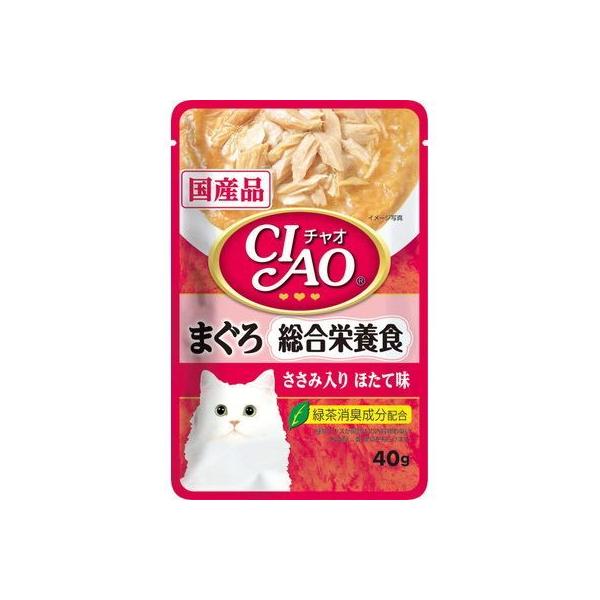 いなばペットフード CIAOパウチ 総合栄養食 まぐろ ささみ入り ほたて味 40g 栄養バランスを考えた食べきりサイズの総合栄養食。 ---原産国--- 日本 ---原材料--- まぐろ、鶏肉（ささみ）、鶏脂、ほたてエキス、糖類（オリゴ糖...