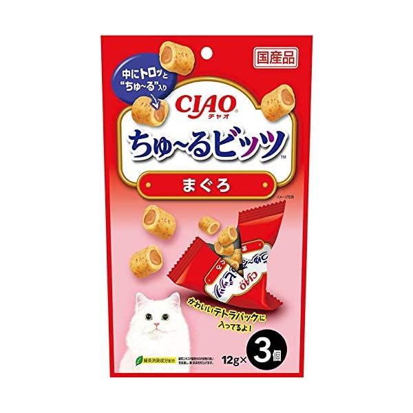 いなばペットフード CIAO ちゅ〜るビッツ まぐろ 12g×3袋 与えやすく食べやすい、一口サイズのおやつ。 外はふっくら、中はちゅ〜るが入っている2つの食感が楽しめます。 ---原産国--- 日本 ---原材料--- 鶏肉（ささみ）、ま...