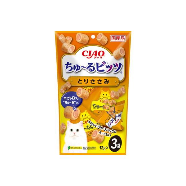 いなばペットフード CIAO ちゅ〜るビッツ とりささみ 12g×3袋 与えやすく食べやすい、一口サイズのおやつ。 外はふっくら、中はちゅ〜るが入っている2つの食感が楽しめます。 ---原産国--- 日本 ---原材料--- 鶏肉（ささみ）...