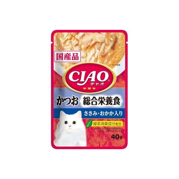いなばペットフード CIAOパウチ 総合栄養食 かつお ささみ・おかか 40g 素材を細かくペースト状にし、 愛猫の喜ぶ素材をトッピングしたウェットフードです。 栄養バランスを考えた食べきりサイズの猫用総合栄養食です。 焼津産かつおだしを使...