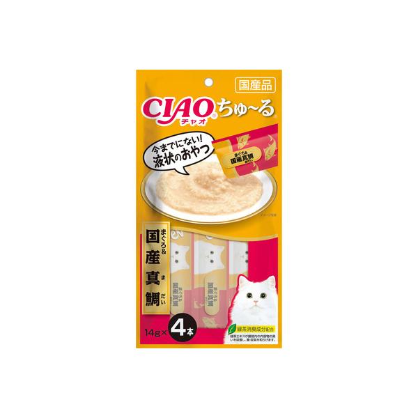 いなばペットフード CIAO ちゅ〜る まぐろ＆国産真鯛 14g×4本 液状タイプのおやつです。 水分たっぷりで水分補給にもつながります。 ---原産国--- 日本 ---原材料--- まぐろ、真鯛、鯛エキス、糖類（オリゴ糖等）、植物性油脂...