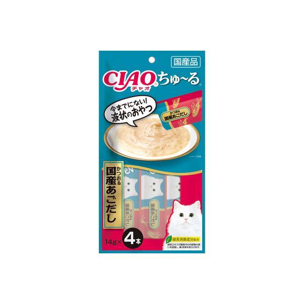 いなばペットフード CIAO ちゅ〜る かつお＆国産あごだし 14g×4本 液状タイプのおやつです。 水分たっぷりで水分補給にもつながります。 ＊焼あごが黒くみえますが、品質に問題はありません。 ---原産国--- 日本 ---原材料---...