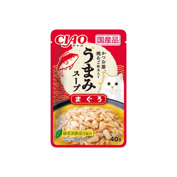 いなばペットフード CIAOパウチ うまみスープ まぐろ 40g 国産の焼あご粉末とかつお節で風味豊かに仕上げた魚介だしのスープには旨みがたっぷり。 まぐろのフレークと程よく絡まります。 ---原産国--- 日本 ---原材料--- かつお...