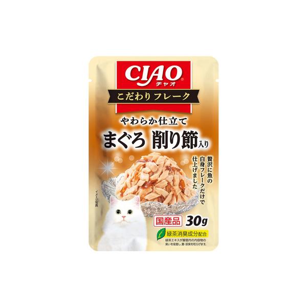 いなばペットフード チャオ こだわりフレーク まぐろ削り節入り 30g まぐろとかつおの白身フレークを焼津産かつおだしで仕上げました。 猫ちゃんが食べやすい柔らかゼリーで包みました。 ---原産国--- 日本 ---原材料--- かつお、ま...