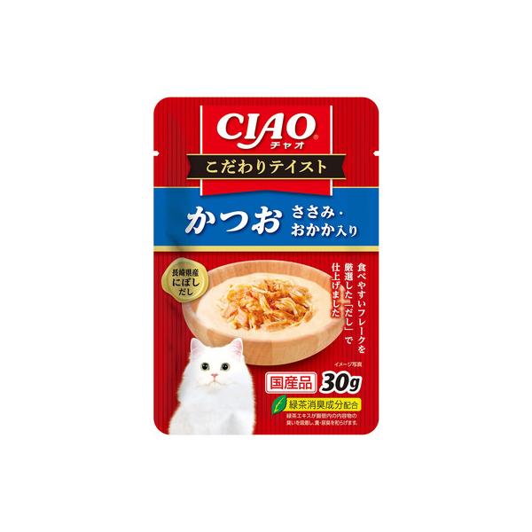 いなばペットフード チャオこだわりテイスト かつお ささみ・おかか入り 30g 風味豊かな長崎県産にぼしだしを使用し、食べやすいフレークをトッピング。 食べきりやすい小容量タイプ。 ---原産国--- 日本 ---原材料--- 鶏肉（ささみ...