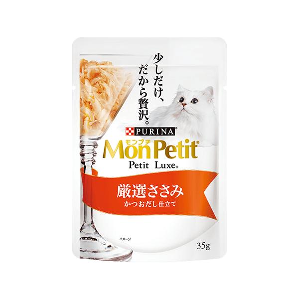 ネスレピュリナ モンプチ プチリュクスパウチ 厳選ささみ かつおだし仕立て 35g 厳選されたささみの美味しさをたっぷりの「かつおだし」と一緒にぎゅっとつめこんだ贅沢なメニュー。 ---原産国--- タイ ---原材料--- ささみ、フィッ...