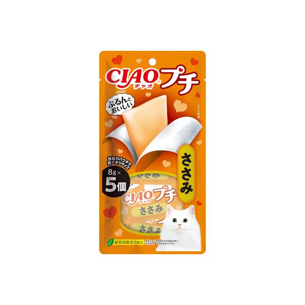 いなばペットフード CIAO プチ ささみ 8g×5個 袋左右に開いて、新しい形状のパウチです。 食べきりサイズでご褒美やおやつに。 ---原産国--- タイ ---原材料--- 鶏肉（ささみ）、ほたてエキス、寒天、糖類（オリゴ糖等）、植物...