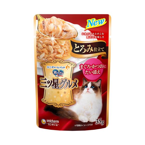 ユニ・チャーム 銀のスプーン 三ツ星グルメパウチ とろみ仕立て まぐろ・かつおにたい添え 35g 香りとお魚の美味しさを味わえる猫用ウェットフードです。 お魚の旨みがとけこんだ、贅沢な美味しさのとろみ仕立てです。 たっぷりお魚フレークの食べ...