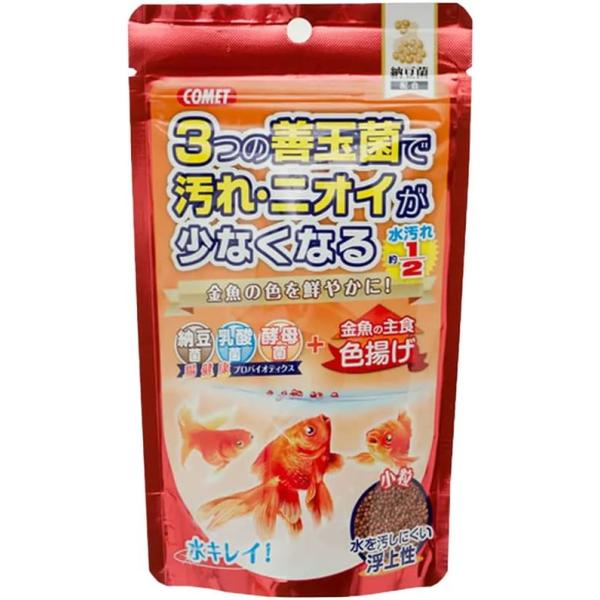 イトスイ コメット 金魚の主食 納豆菌配合 色揚げ 小粒 90g 納豆菌・乳酸菌・酵母菌が、 金魚の腸内で善玉菌を活性化させ、腸内細菌のバランスを整えます。 善玉菌により消化吸収を助け、 排泄物の分解力も向上し水の汚れや嫌なニオイを軽減しま...