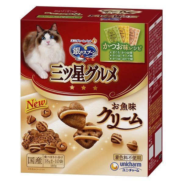 ユニ・チャーム 銀のスプーン 三ツ星グルメ お魚味クリーム かつお味レシピ 3種のアソート 180g 贅沢な素材の旨みたっぷりで、香ばしく焼き上げた三ツ星のおいしさ ドライ粒にクリームを絡めて、今までにない味わいを実現 3種のアソートタイプ...