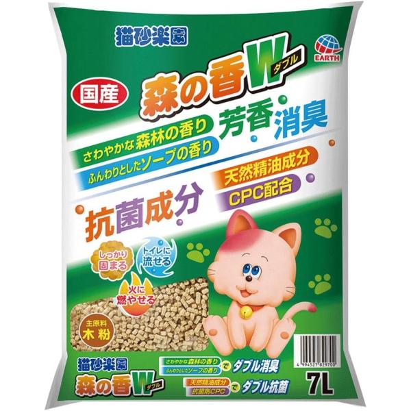 アース・ペット 猫砂楽園 森の香ダブル 7L ※個数制限がございます、ご了承下さい。 森林の香りとソープの香りでダブル消臭する木製の猫砂です。 天然精油成分と抗菌剤CPCのダブル抗菌でトイレを清潔に保ちます。 しっかり固まり、燃やせる、流せ...