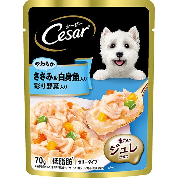 マースジャパン シーザーパウチ やわらかささみ＆白身魚入り 彩り野菜入り 70g 低脂肪なささみをふっくら蒸して低カロリー*に仕上げました。 (*シーザーパウチ成犬 ビーフ＆彩り野菜入り比29%減) 丁寧な調理で素材のおいしさをそのまま閉じ...