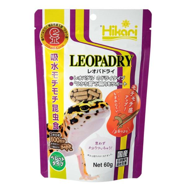 キョーリン ひかり レオパドライ 60g ヒョウモントカゲモドキ累代繁殖の実績をもつレオパゲルの配合をベースとした、昆虫食爬虫類の総合栄養ペレットです。 吸水後、ピンセットなどではさんでも極力崩れにくいように物性を吟味しました。 高い嗜好性...