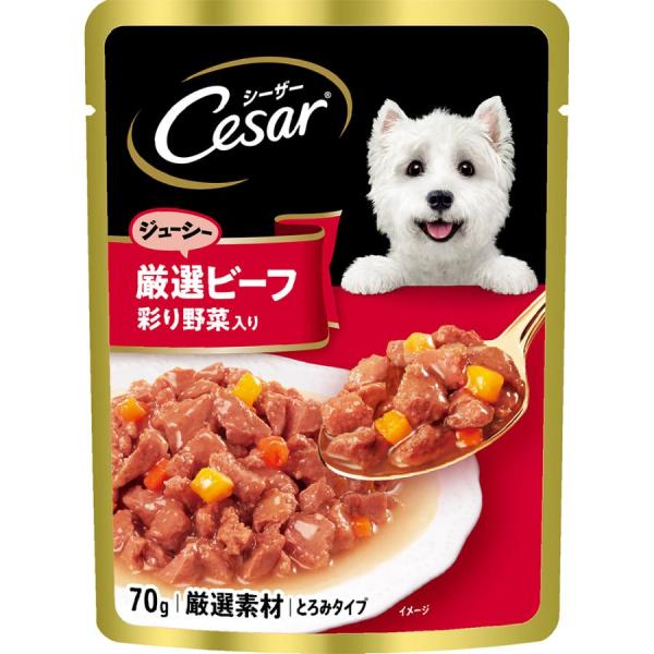 マースジャパン シーザーパウチ ジューシー厳選ビーフ 彩り野菜入り 70g 上質なビーフをじっくり調理し、おいしく仕上げました。 丁寧な調理で素材のおいしさをそのまま閉じ込めました。 ---原産国--- タイ ---原材料--- 肉類（チキ...