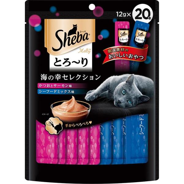 マースジャパン シーバ とろ〜りメルティ 海の幸セレクション 12g×20本 手からでも舐めやすい、贅沢なおいしさの“とろ〜り”おやつです。 かつおとサーモン味とシーフードミックス味の2種類が楽しめます。 ---原産国--- タイ ---原...
