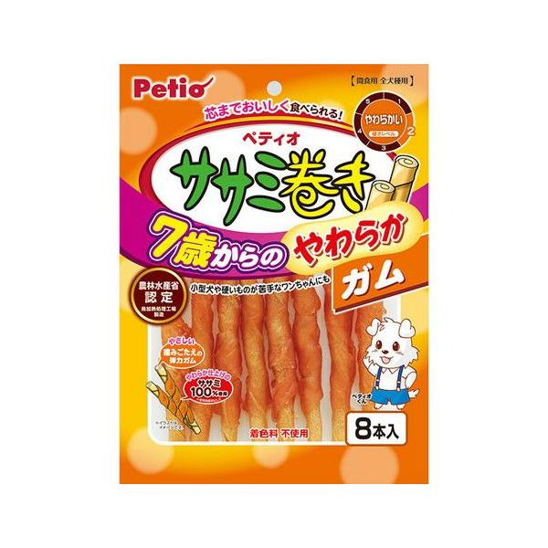 ペティオ 7歳からのやわらか ササミ巻き ガム 8本入 低脂肪・良質たん白質豊富なササミをやわらかく仕上げて、 芯までおいしく食べられるやわらか弾力ガムに巻きました。 シニア犬や小型犬、硬いものが苦手なワンちゃんにもオススメ！ 着色料不使用...