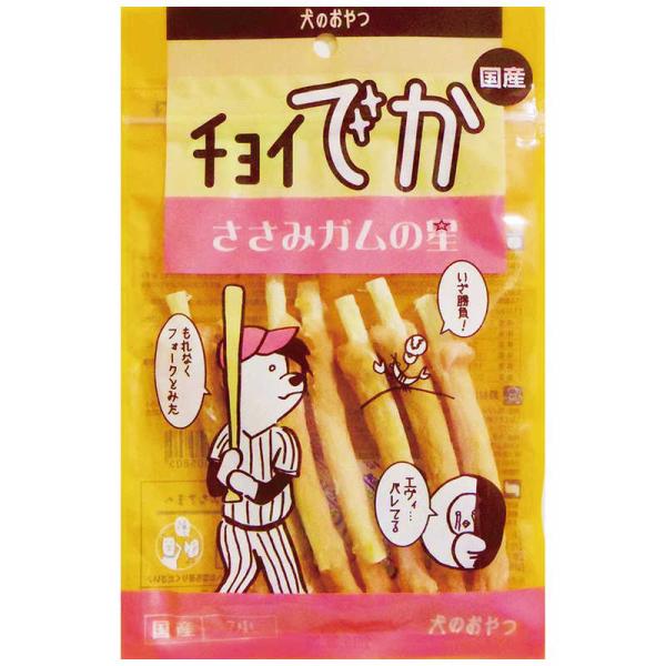 わんわん チョイでか ささみガムの星 7本 牛皮ガムに鶏ささみをコーティングしました。 小型犬でも食べやすい硬さのガムです。 ---原産国--- 日本 ---原材料--- 肉部：鶏ささみ、でん粉、食塩、豚コラーゲン、増粘安定剤(加工でん粉)...