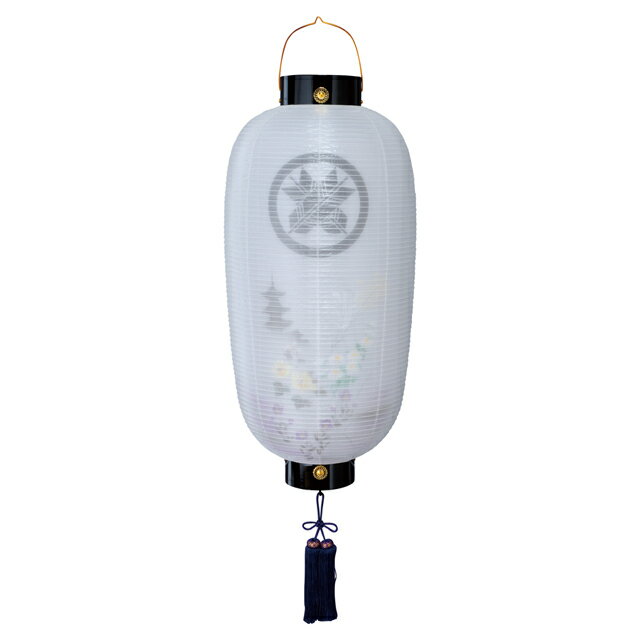 商品説明 特徴 ご先祖のお迎えにお供えする門提灯です。 輪は天然木で、外絹張り二重火袋の吊り提灯です。 家紋（シール仕上げ）入りです。 仕様 ●寸法　長さ: 106cm（房を含む）、直径: 33cm ●材質　火袋: 外絹張り二重、輪: 天然...