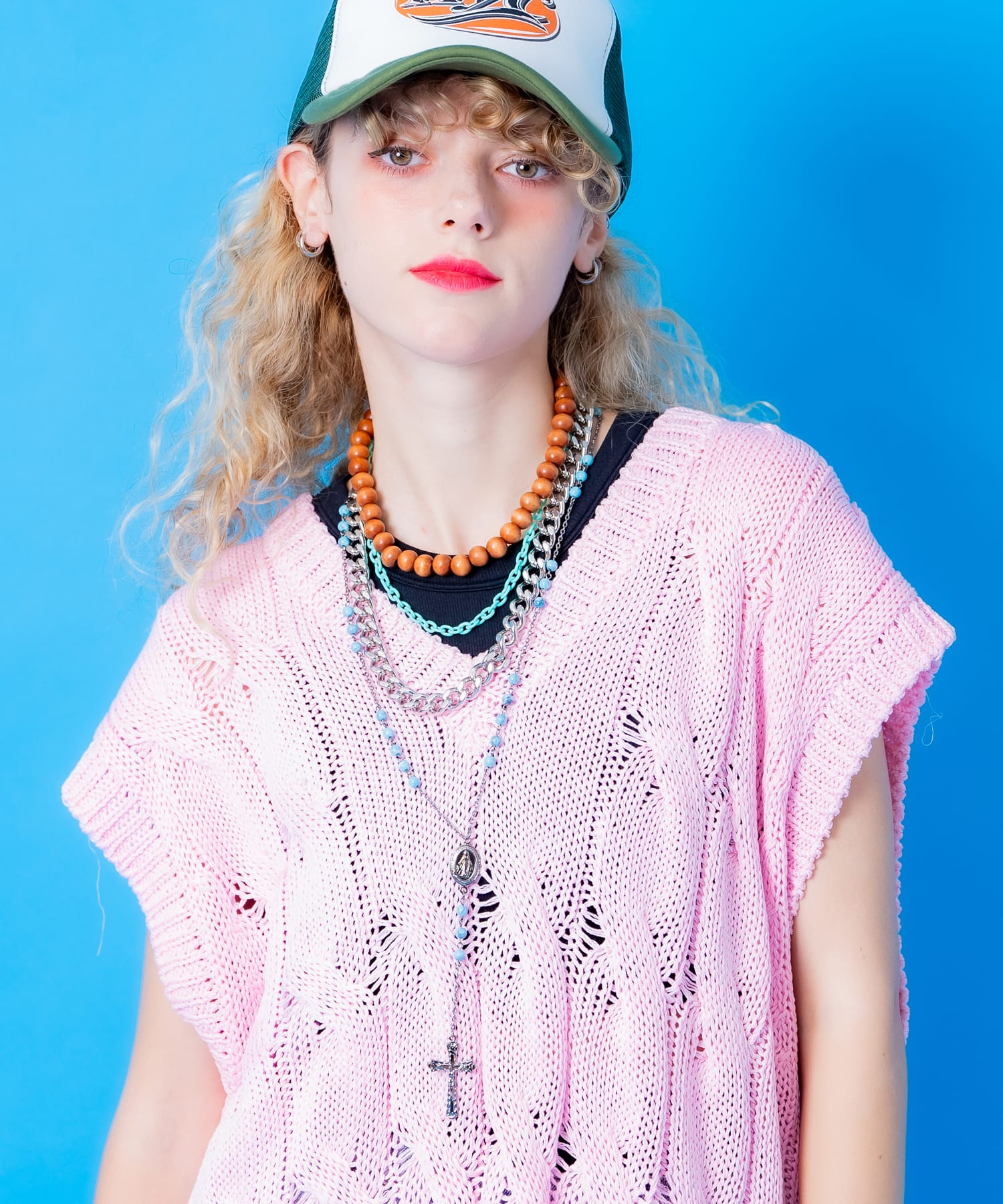 マリア刻印コイン＆キリスト装飾クロスチャームロザリオネックレス(70cm) / メンズ レディース ユニセックス ロング ジュエリー パール ガンメタ ブラックシルバー チェーン首元にアッパーなポイントを作るロングスタイルネックレス。90s...