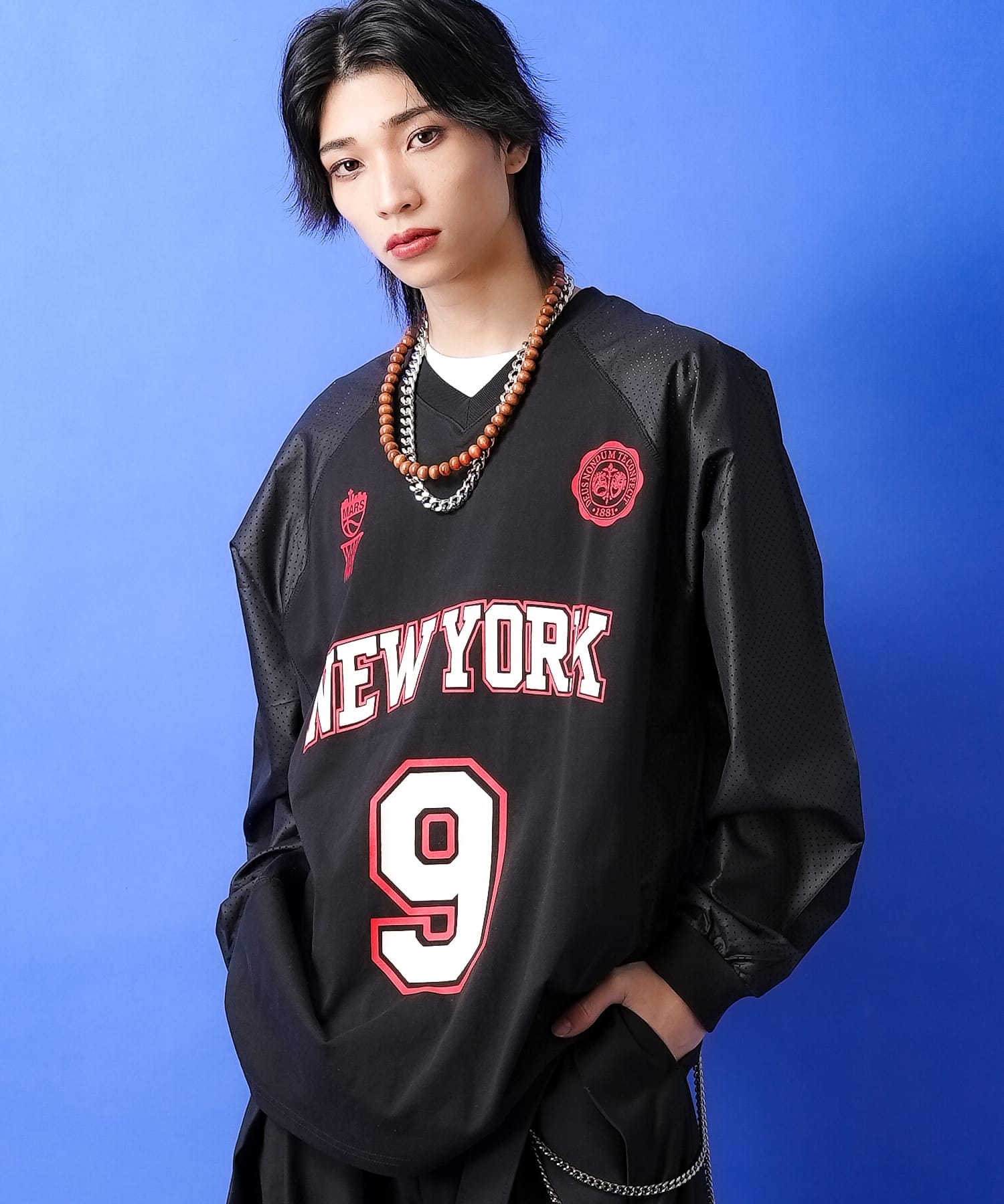 コットン＆メッシュ切替ロゴナンバリングサッカーシャツ / ゲームジャージ 長袖 メンズ レディース ユニセックス オーバーサイズ ユニフォーム カットソー今期一気に盛り上がりを見せるイットなブロークコアスタイル。Y2K、90sや古着コーデに...