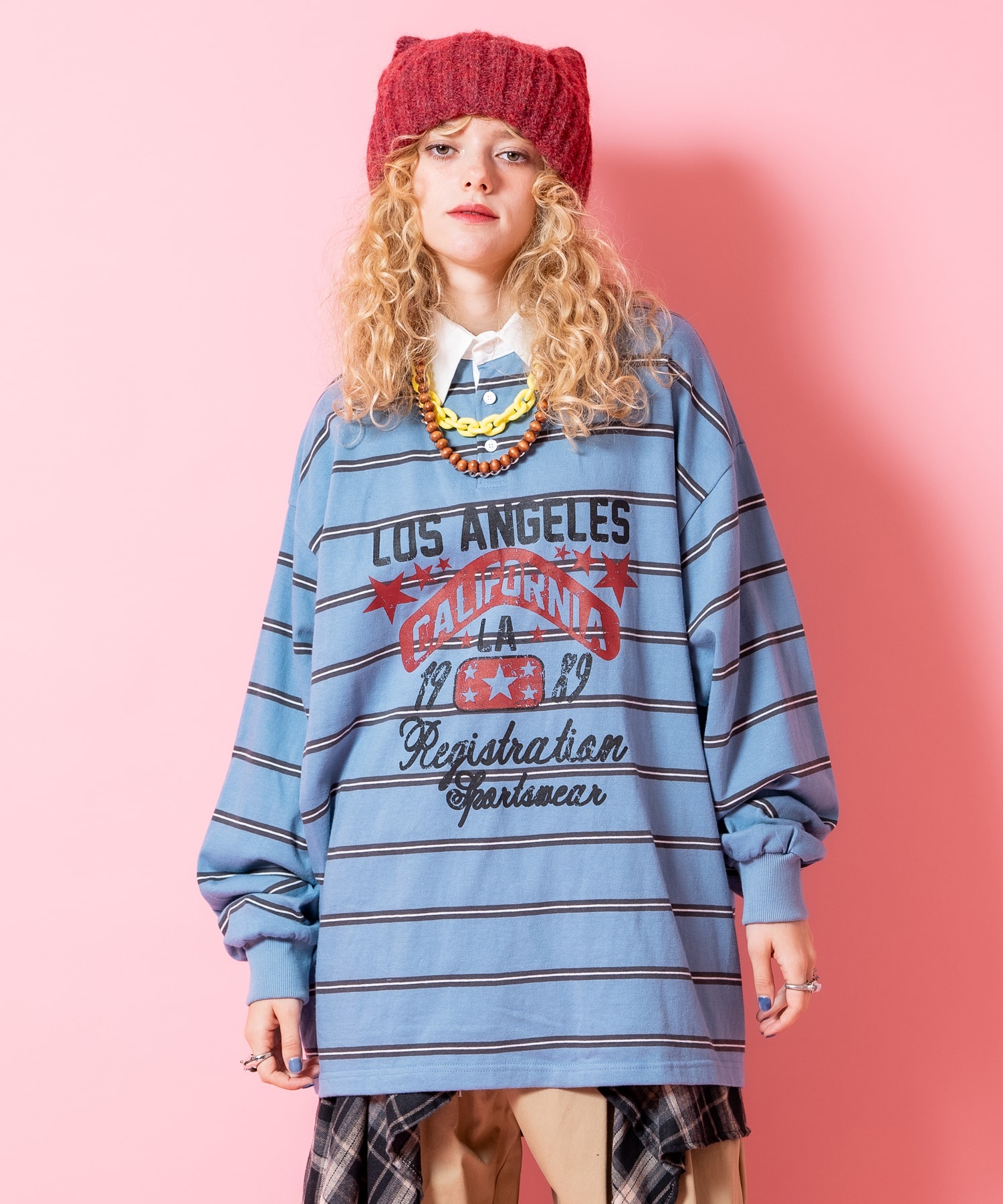 掠れアメカジプリントボーダー柄オーバーサイズラガーシャツ / ユニセックス メンズ レディース 長袖 ポロシャツ ヴィンテージ風クラシカルかつオーセンティックなスポーツスタイルのラガーシャツ/ポロシャツ。特に昨今の90s、Y2Kリバイバルの...