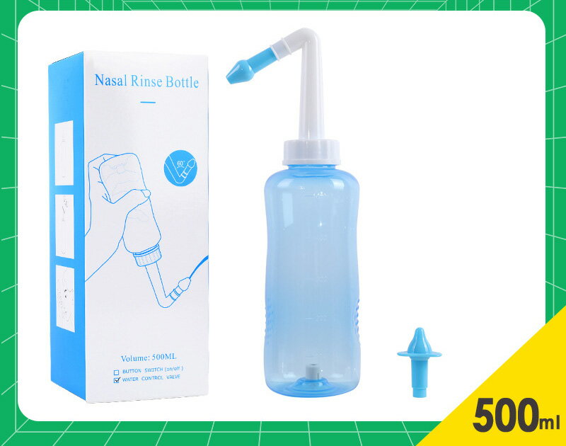 サイズ：300/500ml　カラー：青　使用材料：ポリプロピレン、ポリエチレン、シリコンゴム、LDPE　耐熱温度：100℃ ▲鼻洗浄器は、汚れ、花粉症、術後の残渣、埃などを取り除くのに役立ちます。それは、個々の毎日の鼻ケアのための実用的な製...